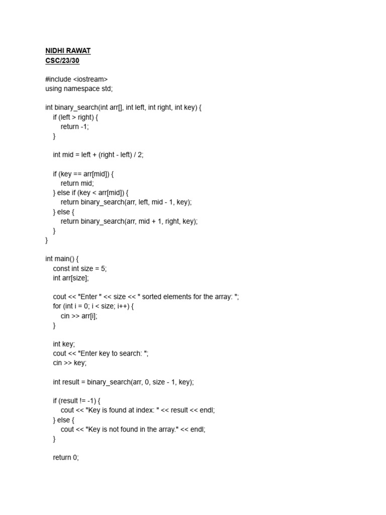 NIDHI RAWAT - Implement Binary Search Using Recursion. | PDF