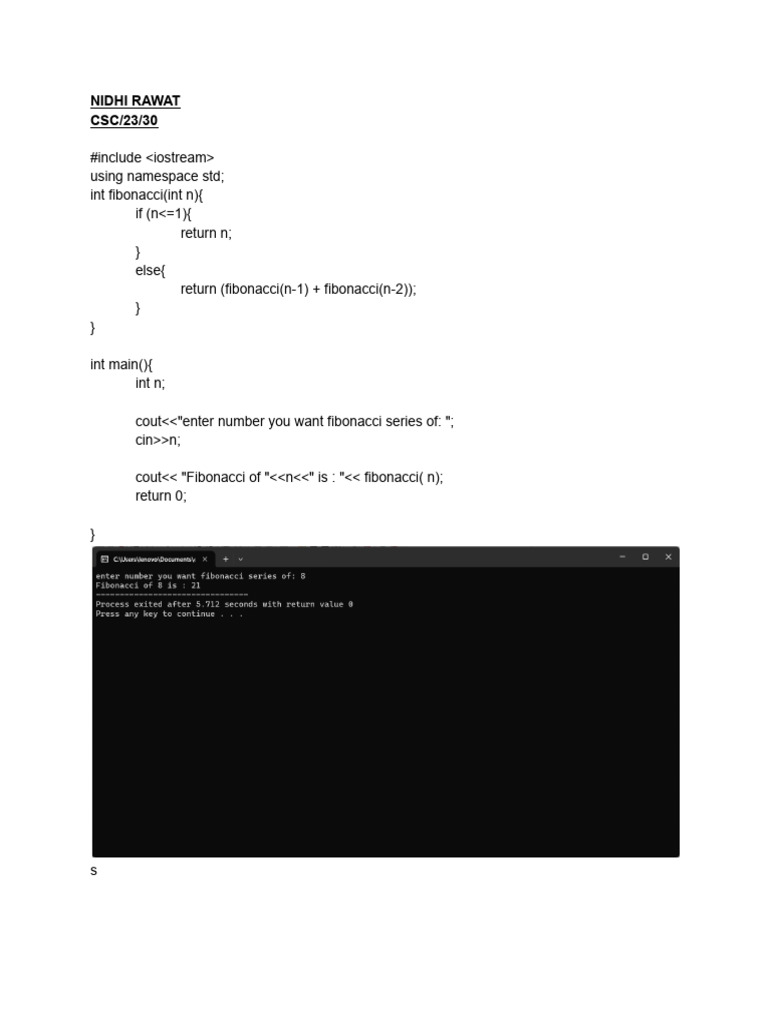 NIDHI RAWAT - WAP To Compute Fibonacci Series Using Recursion. | PDF NIDHI RAWAT - WAP To Compute Fibonacci Series Using Recursion. | PDF