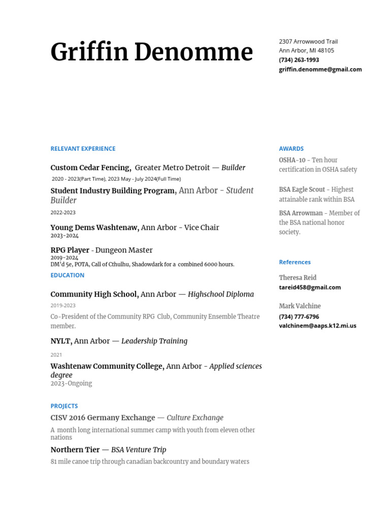 Griffin Denomme's Resume Overview | PDF
