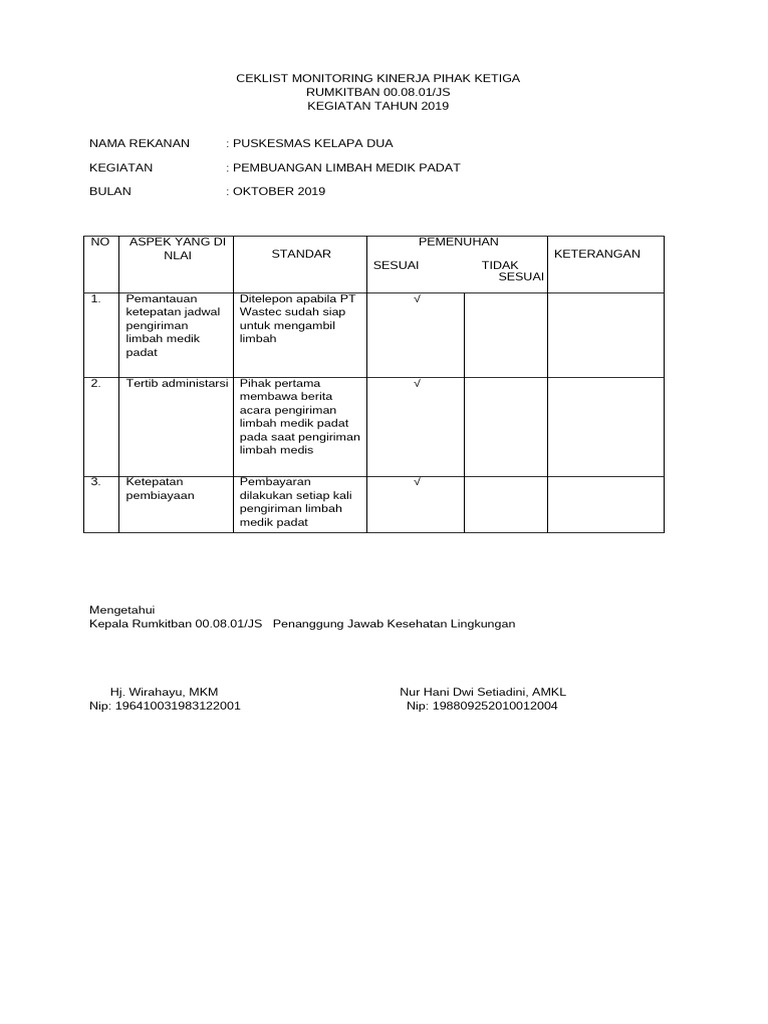 Ceklist Monitoring Kinerja Pihak Ketiga | PDF