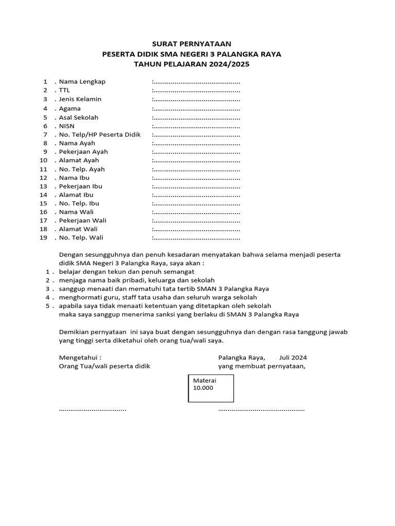Surat Pernyataan Peserta Didik | PDF | Karier & Perkembangan | Kajian Bahasa Asing