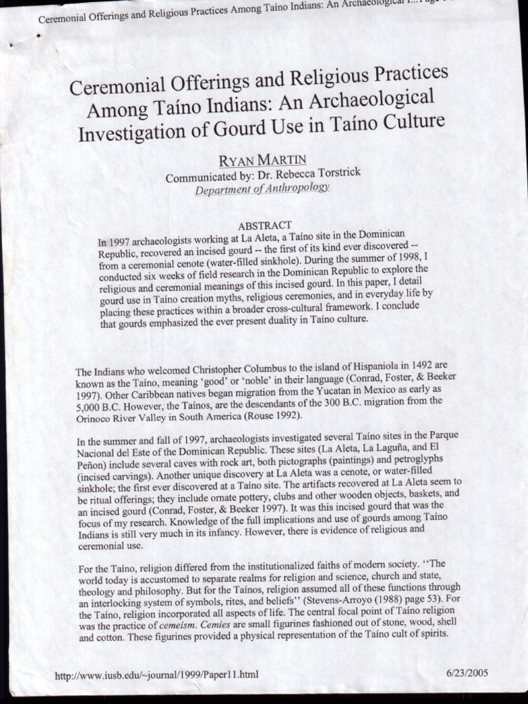 Ceremonial Offerings and Religious Practices Among Taino Indians An ...