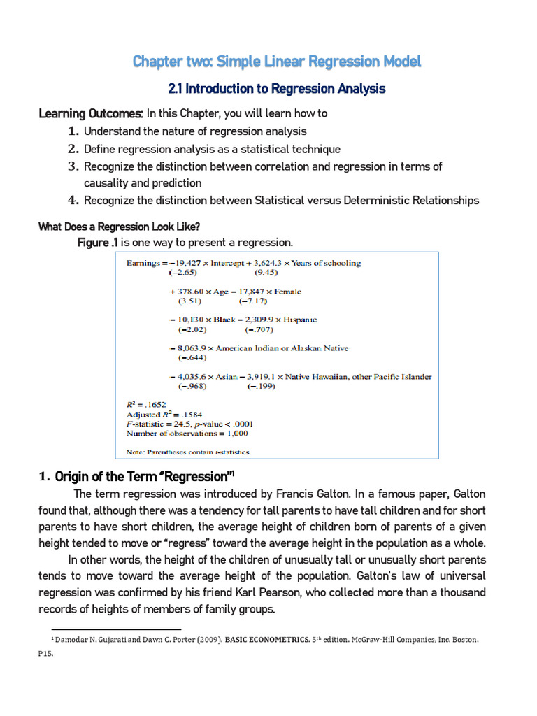 Chapter Two: Simple Linear Regression Model: 2.1 Introduction To Regression Analysis | PDF ...