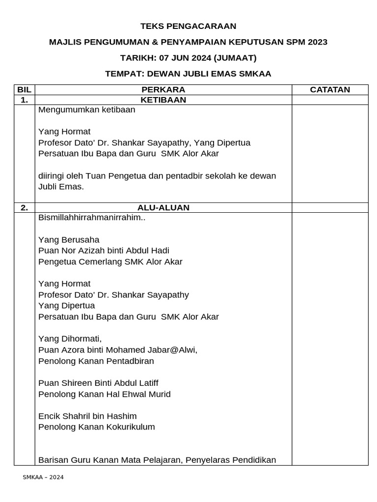 Teks Pengacaraan Majlis Pengumuman Dan Penyampaian Keputusan SPM 2023 | PDF