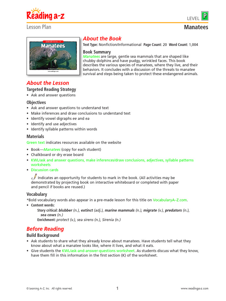 P07 Manatees | PDF | Reading Comprehension | Linguistics