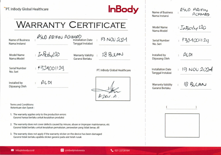 Warranty Card - RSUD Arifin Achmad | PDF