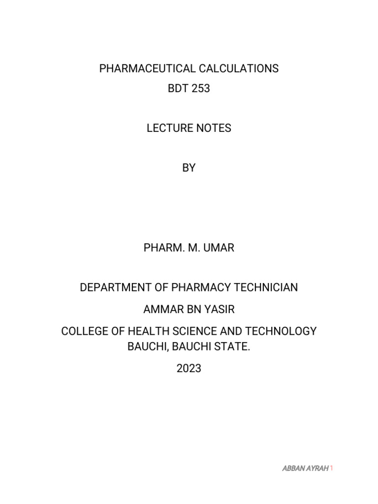 Pharmaceutical Calculations Bdt.. | PDF