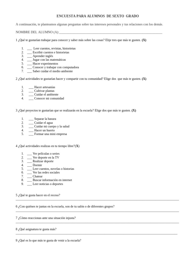Encuesta de Intereses para Sexto Grado | PDF