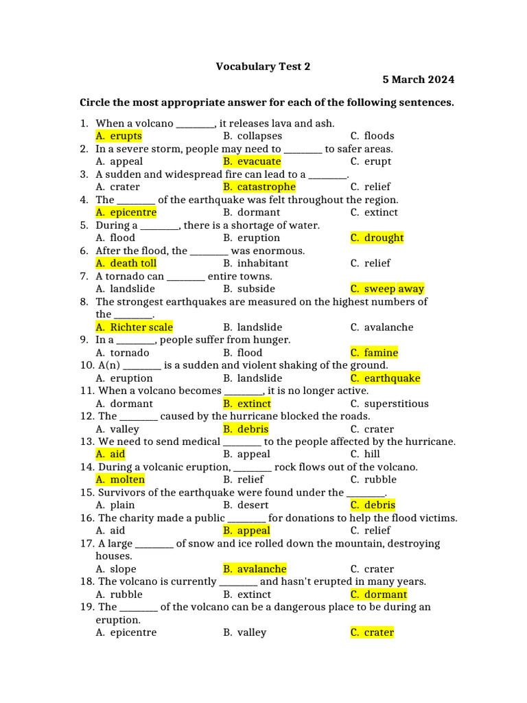 8A1 - 5.3 - Vocabulary Test 2 | PDF | Volcano | Natural Disasters