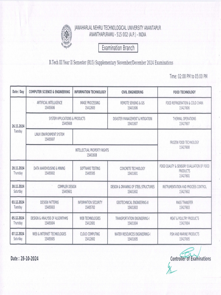 Timetable For B.Tech III I R15 Supple Nov Dec 2024 Exams | PDF
