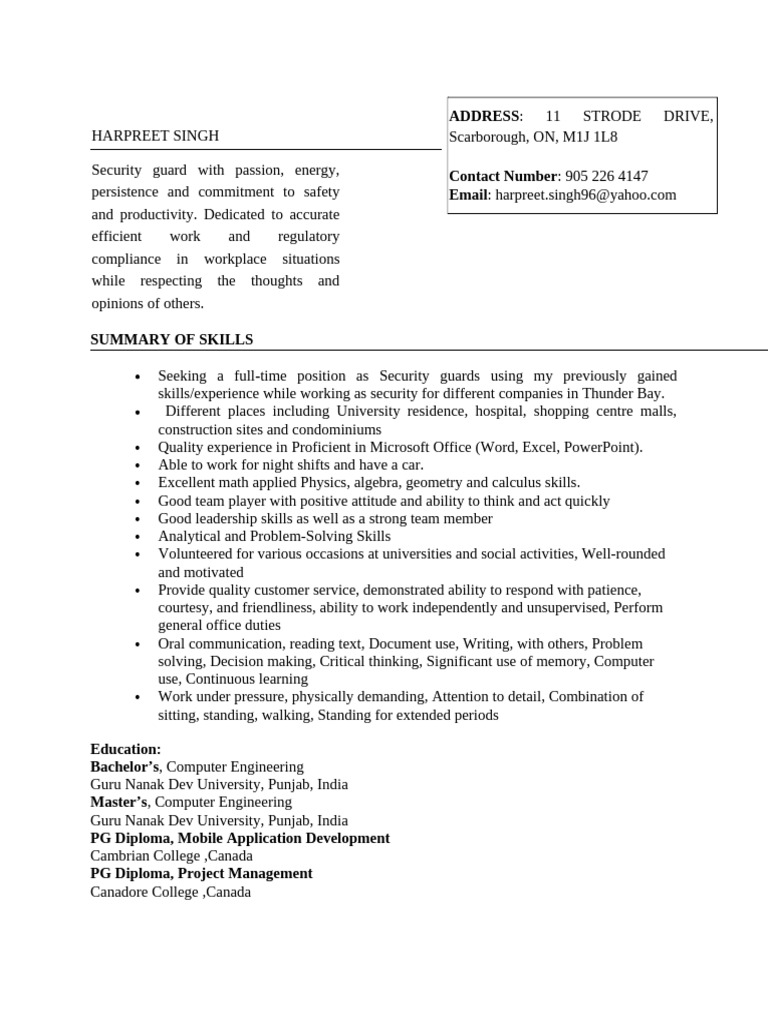 Harpreet Singh Resume | PDF | Security Guard | Point Of Sale