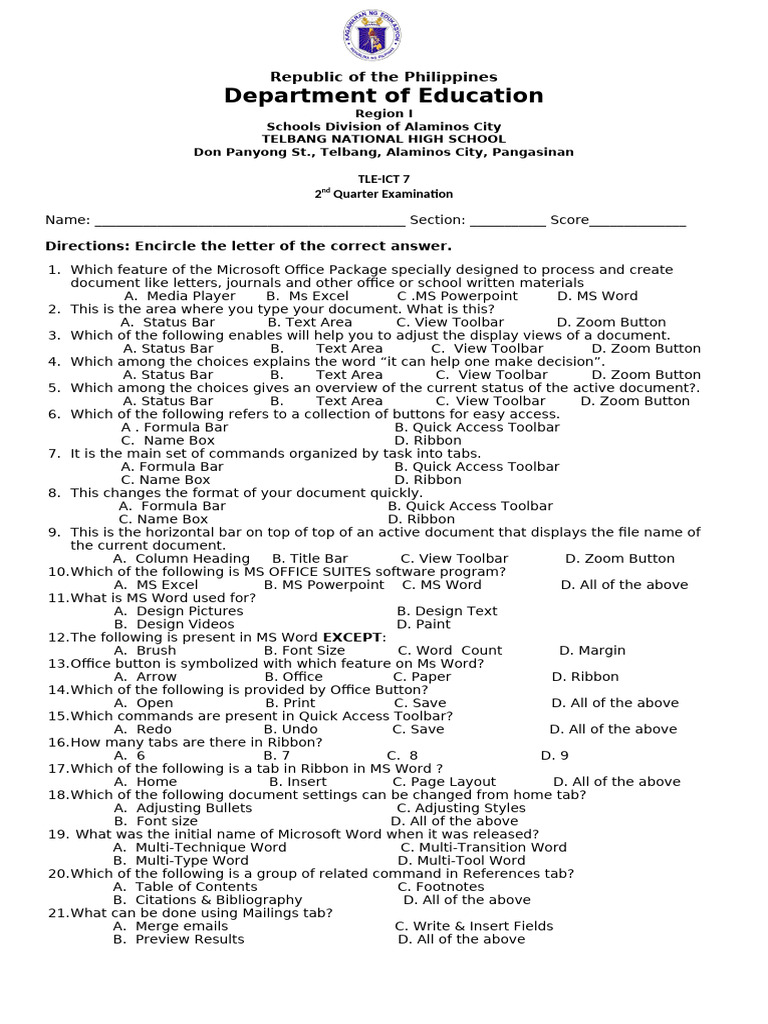 Test Question Format | PDF | Microsoft Word | Software