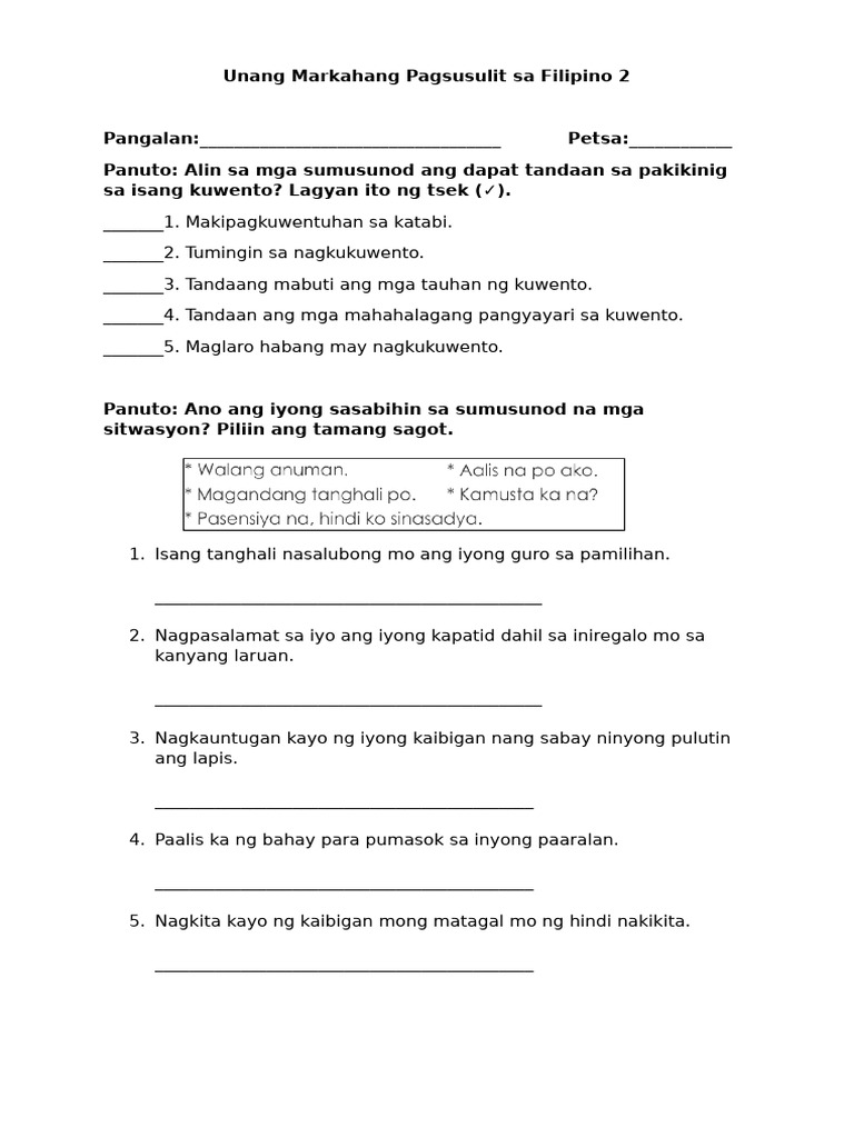 Unang Markahang Pagsusulit Sa Filipino 2 | PDF