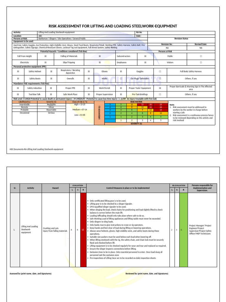Risk Assessment Lifting and Loading Steelwork-Equipment | PDF ...