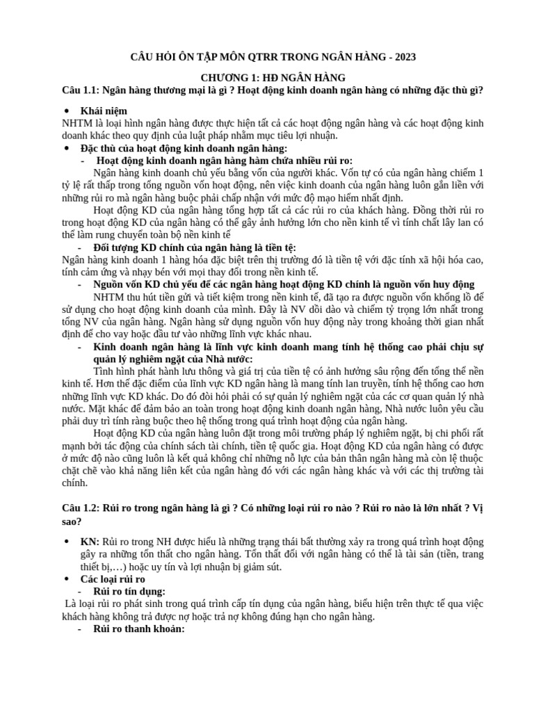 Câu Hỏi Lý Thuyết QTRR Trong NH 2023 | PDF