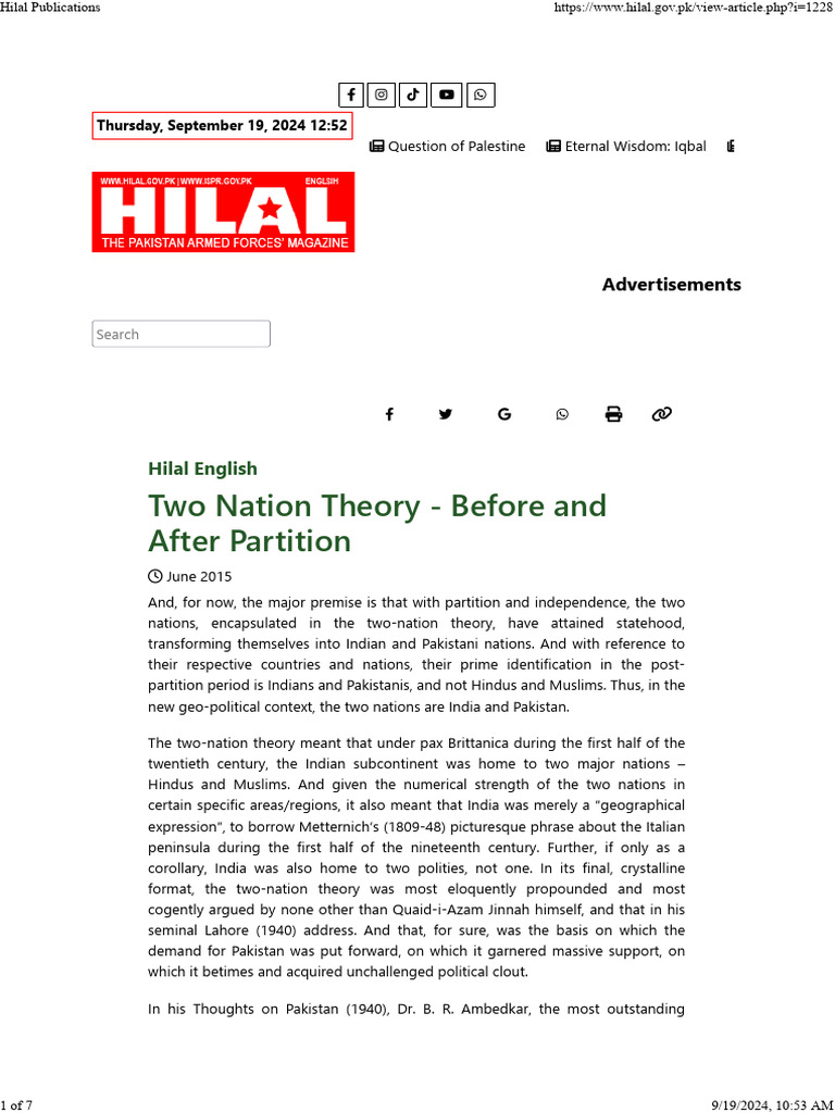 Two Nation Theory - Hilal | PDF | Two Nation Theory | Muhammad Ali Jinnah