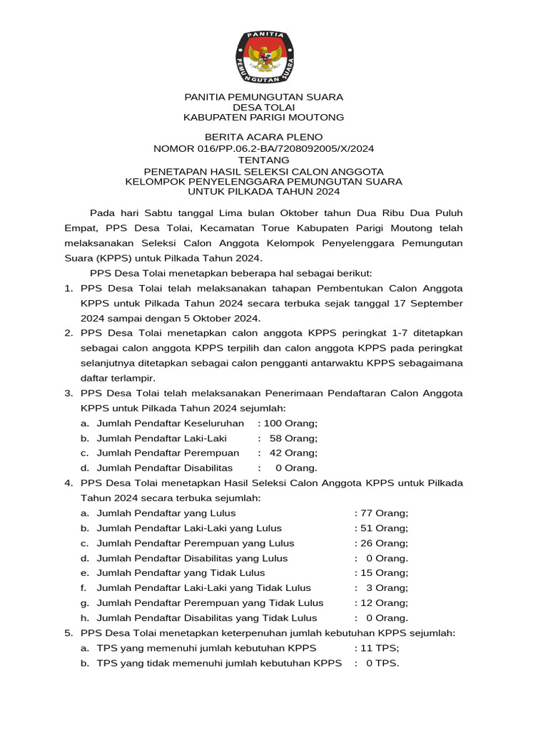 0 Berita Acara PPS Penetapan Hasil Seleksi KPPS | PDF