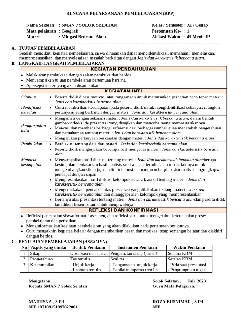 RPP 7 - Mitigasi Bencana Alam 2023 2024 | PDF