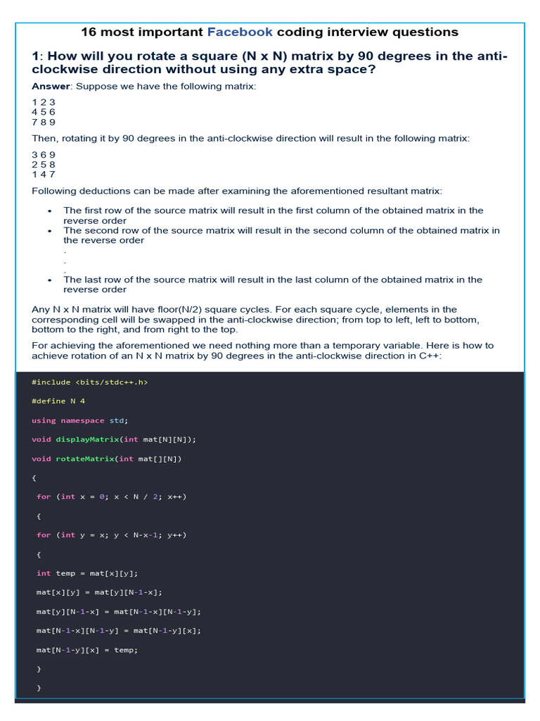 16 Most Important Facebook Coding Interview Questions Pdf Matrix Mathematics Namespace