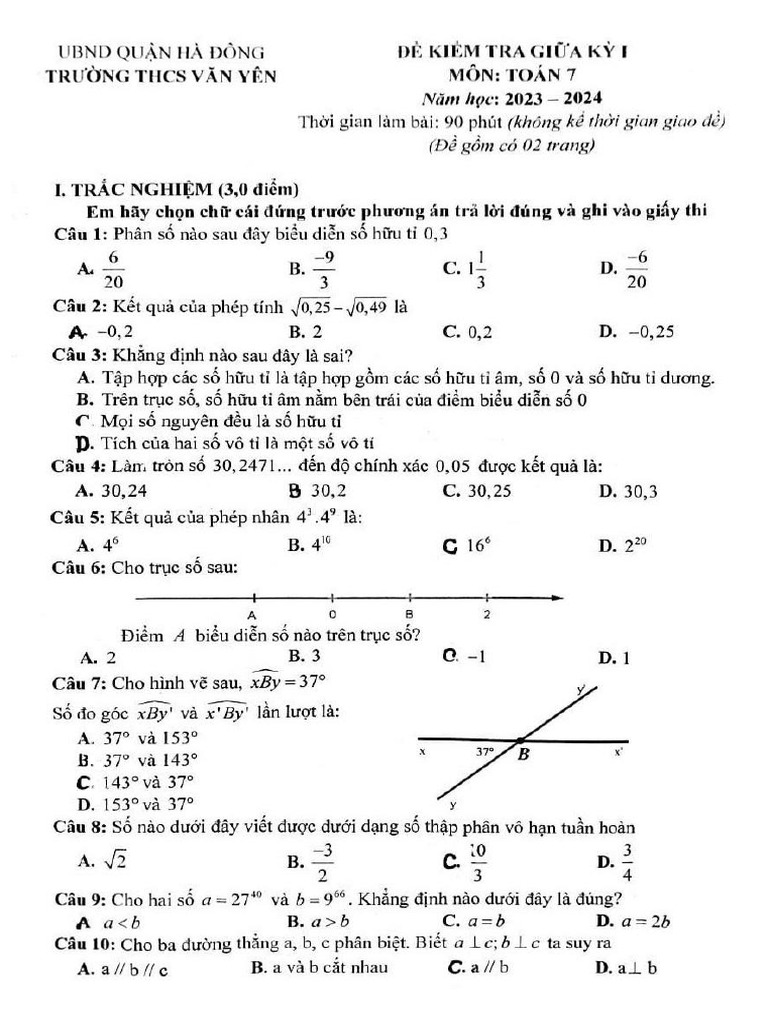 Đề thi GK 1 toán 7 | PDF