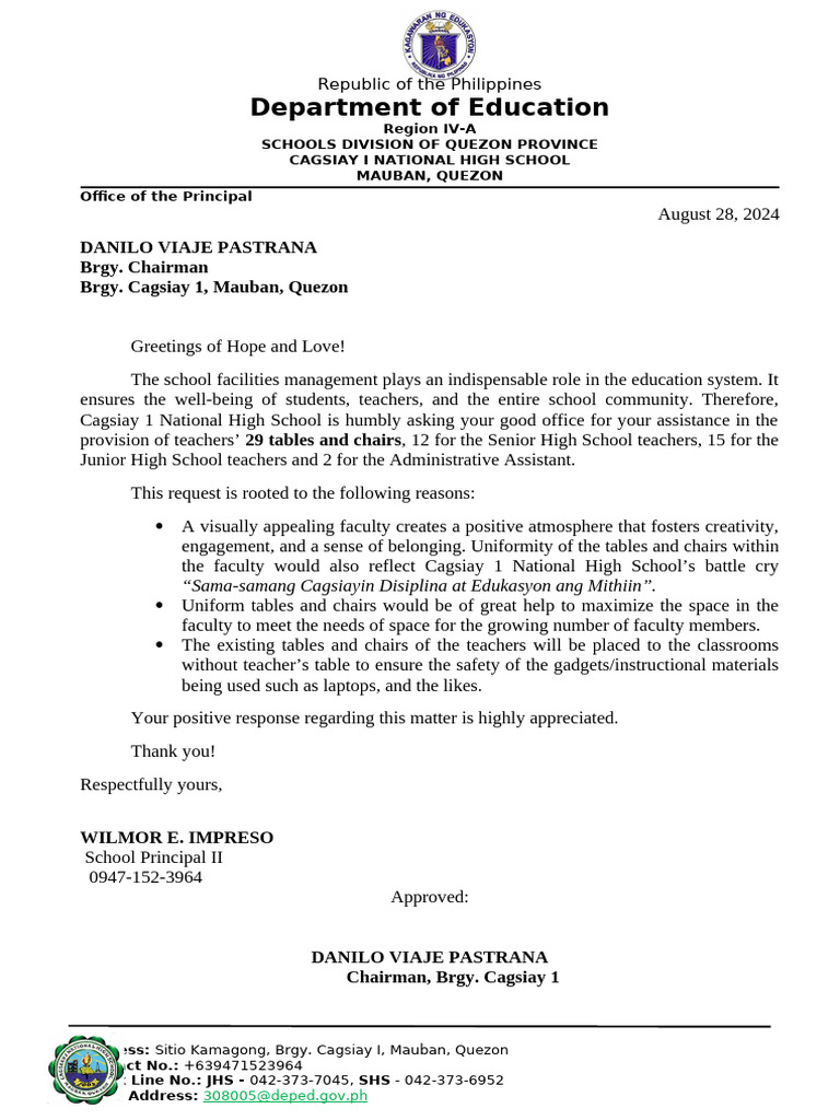 Request for Tables and Chairs Assistance | PDF | Social Science