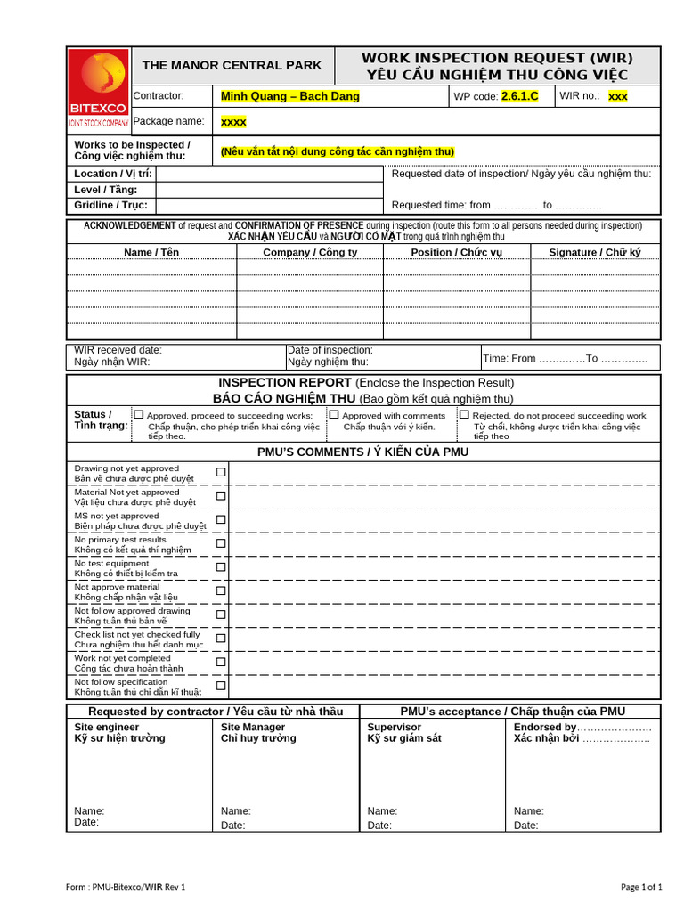 08 WIR Form - Work Inspection Request (Rev-1) | PDF