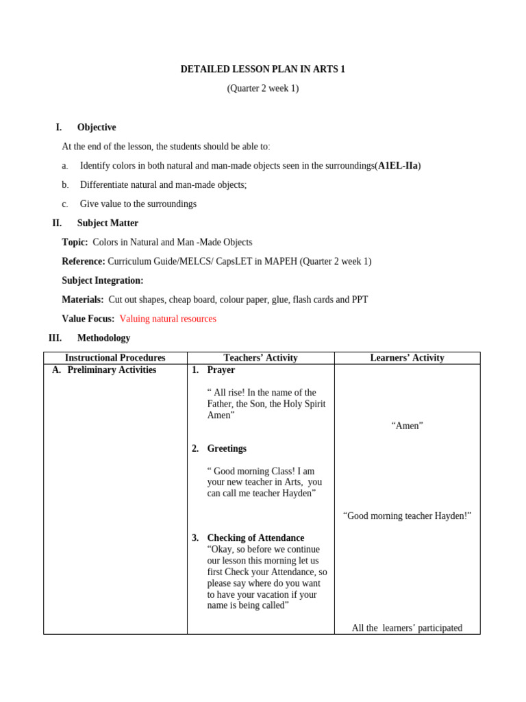 Detailed Lesson Plan in Arts 1 q2 w1-1 | PDF | Lesson Plan | Color