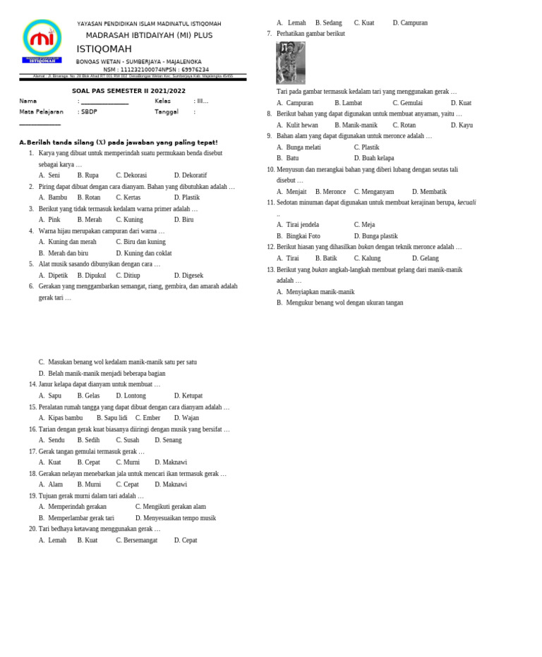 Pas SBDP Kelas 3 SMT 2 2021-2022 | PDF