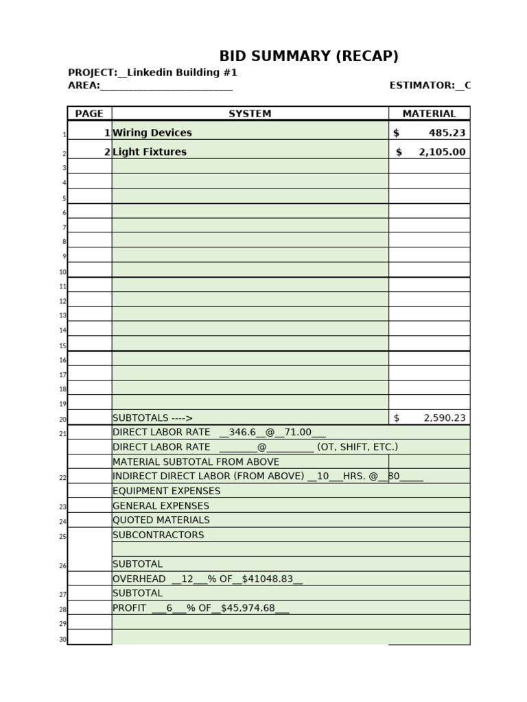 Bid Recap Exercise File | PDF