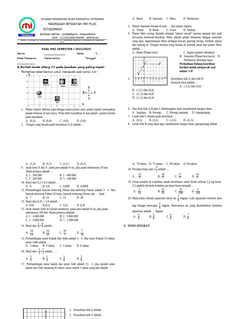Pas MTK Kelas 5 SMT 1 2022-2023 | PDF