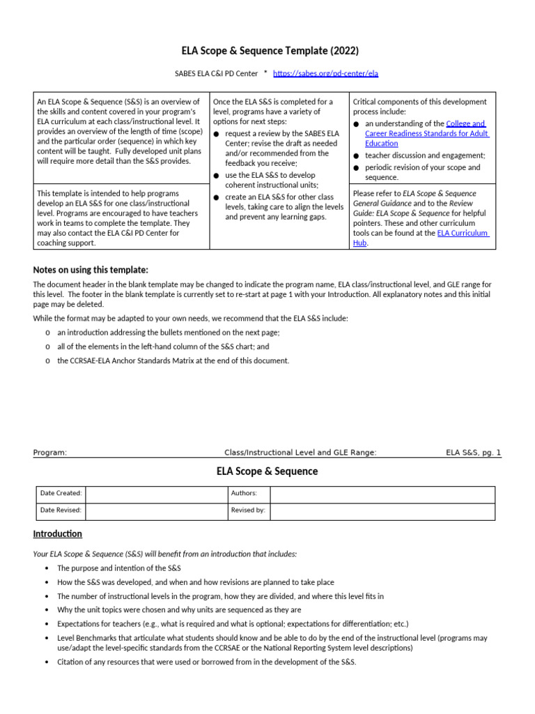 Ela Scope Sequence Template | PDF | Phonics | Writing