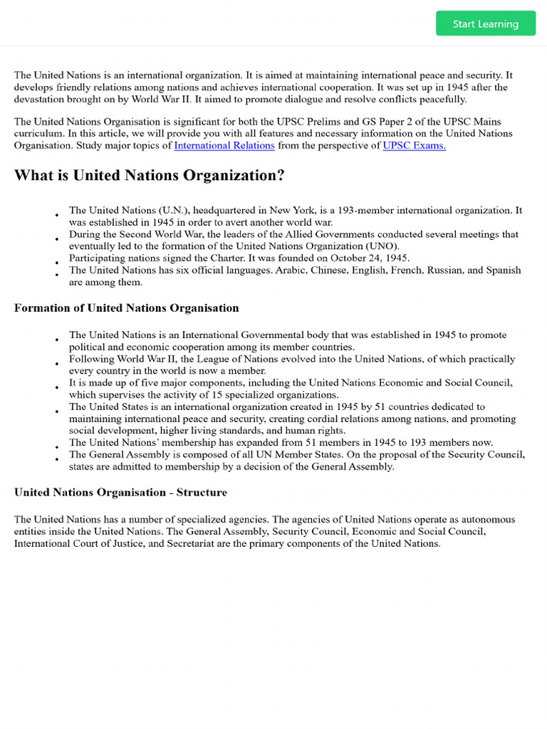 United Nations Organization (UNO) - Formation, Functions & More | PDF