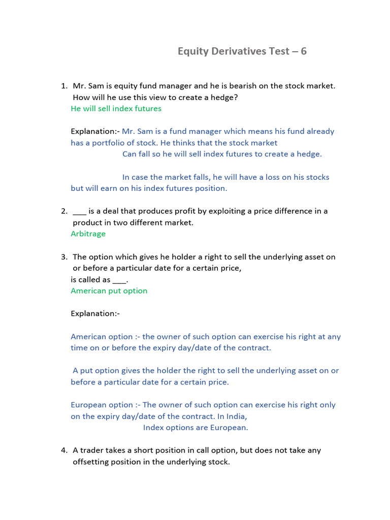 Equity Derivatives Test Guide | PDF | Futures Contract | Option (Finance)