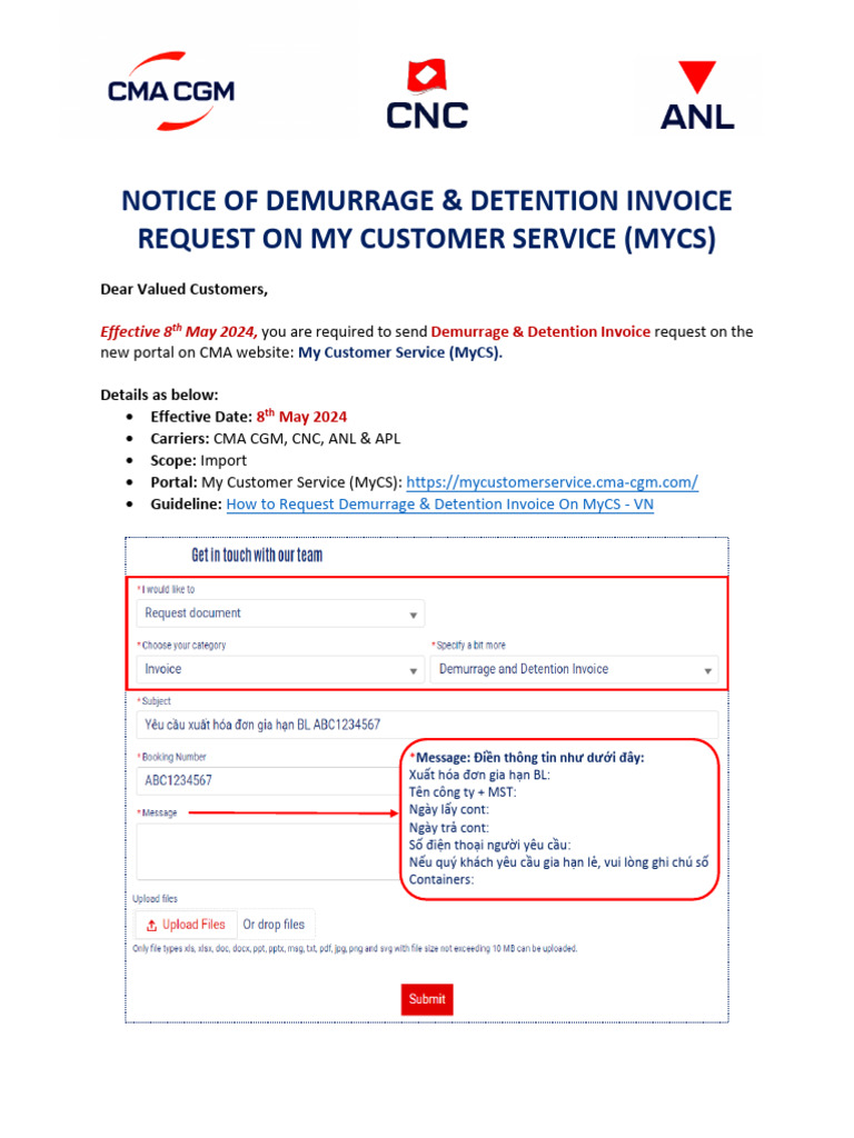 Notice of Demurrage & Detention Invoice Request On Mycs | PDF | Finance ...