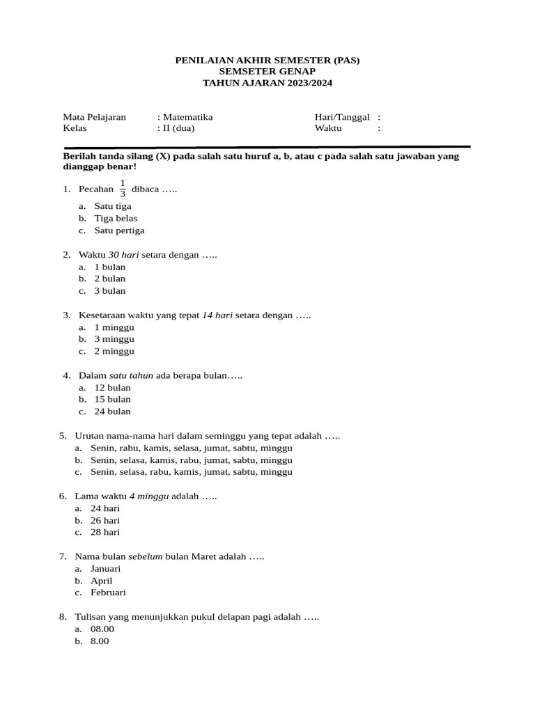 Penilaian Akhir Semester MTK | PDF