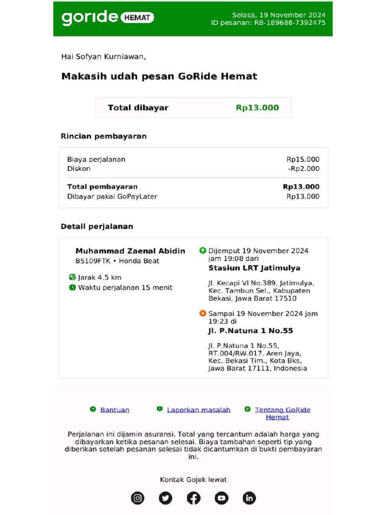 Gojek Receipt + LRT From Halim Train Station To Home - Sofyan | PDF