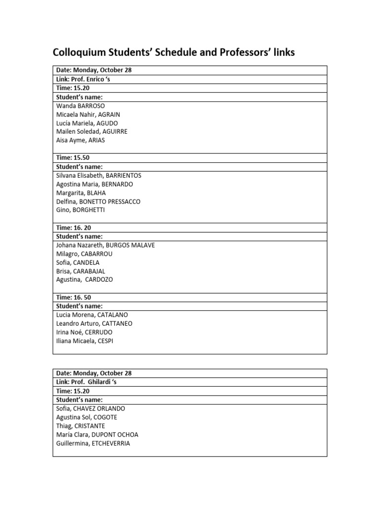 Colloquium Students Schedule and Links 2024 | PDF