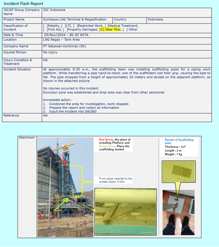 (SLTR) Flash Report - Dropped Object Scaffold Tube at LNG Tank Area ...