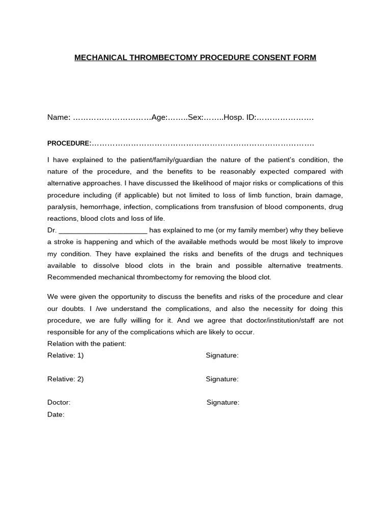 Mechanical Thrombectomy Consent Form | PDF