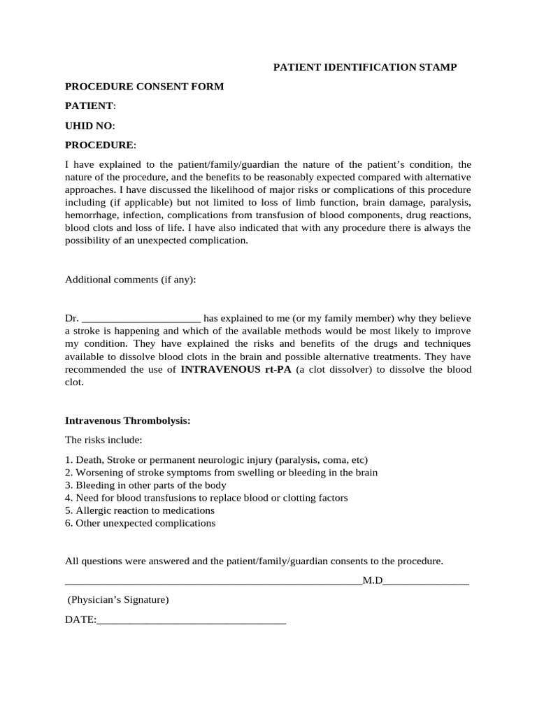 Consent For IV Thrombolysis | PDF | Stroke | Bleeding