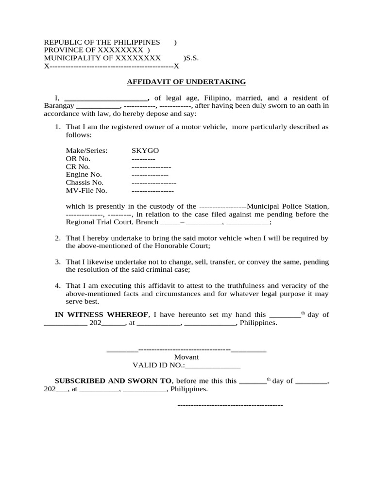 Affidavit of Undertaking for Vehicle | PDF | Finance & Money Management | Law