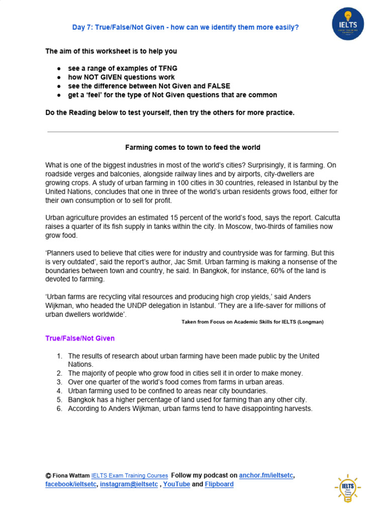 Identifying True/False/Not Given in IELTS | PDF | Agriculture | Food ...
