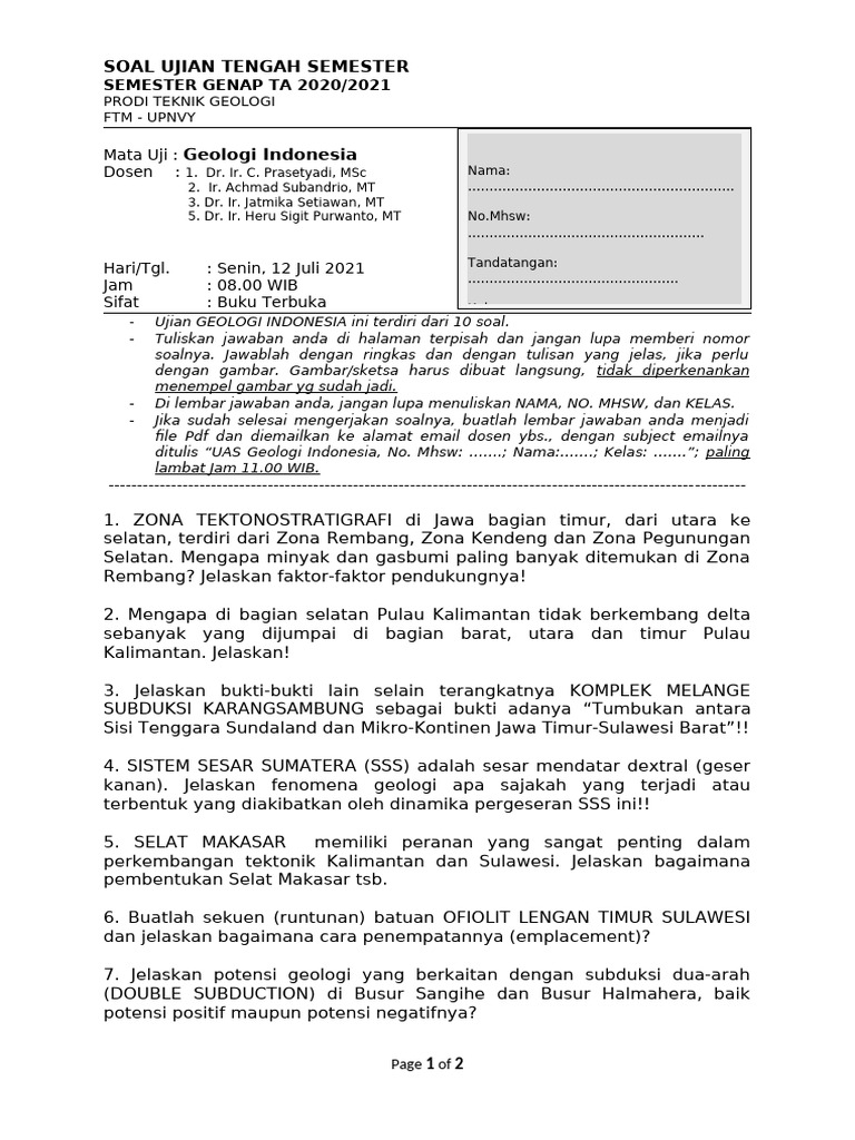 SOAL UAS GEOL INDONESIA 2021 - 12 Juli 2021-Jam 08.00 WIB | PDF | Sains & Matematika