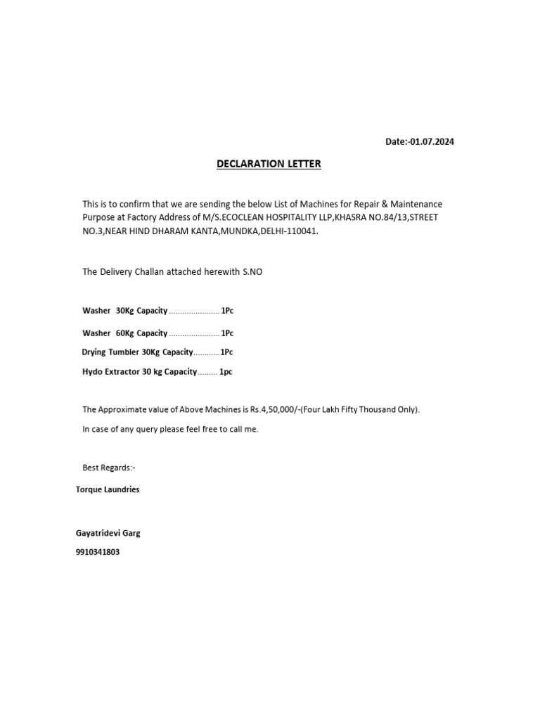 Machine Repair Declaration Letter | PDF | Technology & Engineering