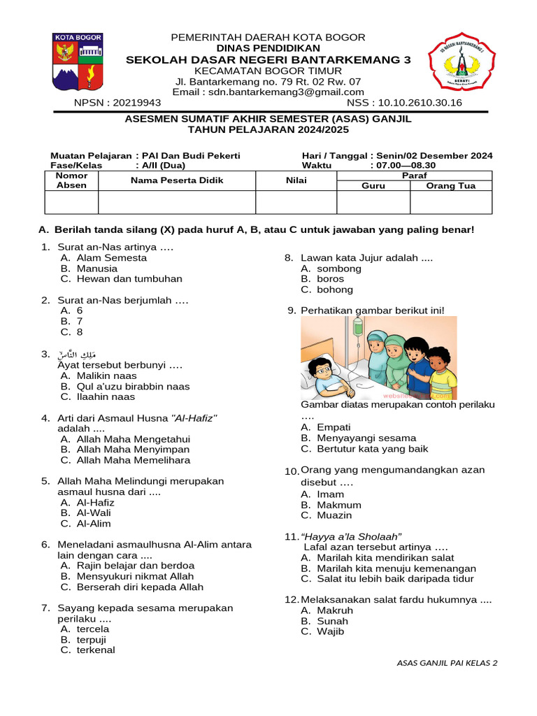 Soal Asas Pai - Kelas 2 - Ganjil 2024-2025 | PDF