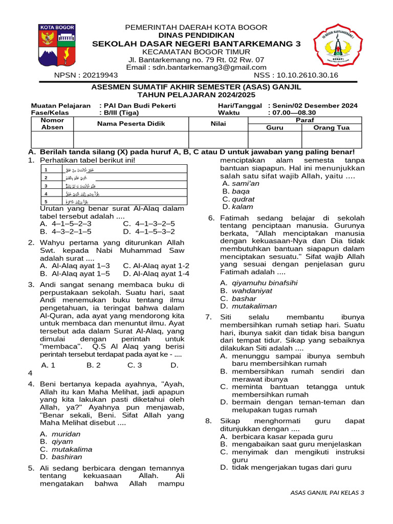 Soal Asas Pai - Kelas 3 - Ganjil 2024-2025 | PDF