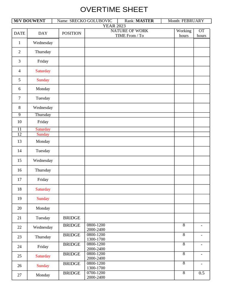 Over Time Sheet Master - Golubovic | PDF