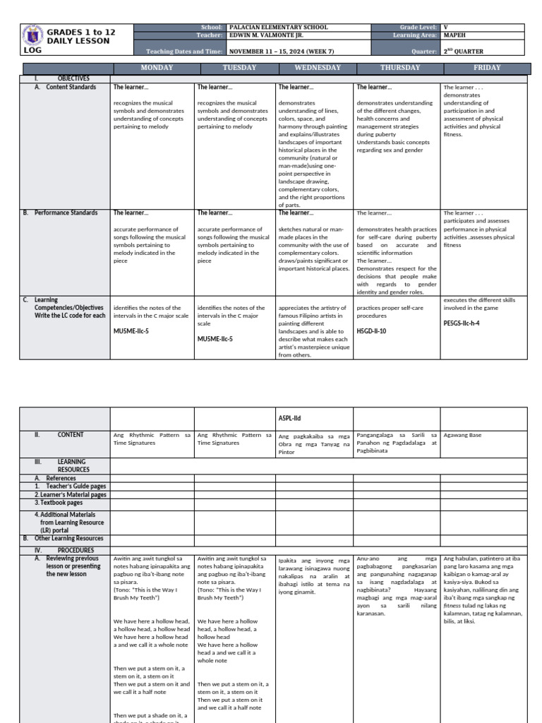 DLL - Mapeh 5 - Q2 - W7 | PDF