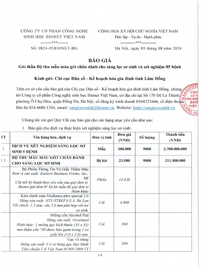 Bionet-Bang Chao Gia Thau SLSS 5.8.2024 - CCDS Tinh Lam Dong - Scan | PDF