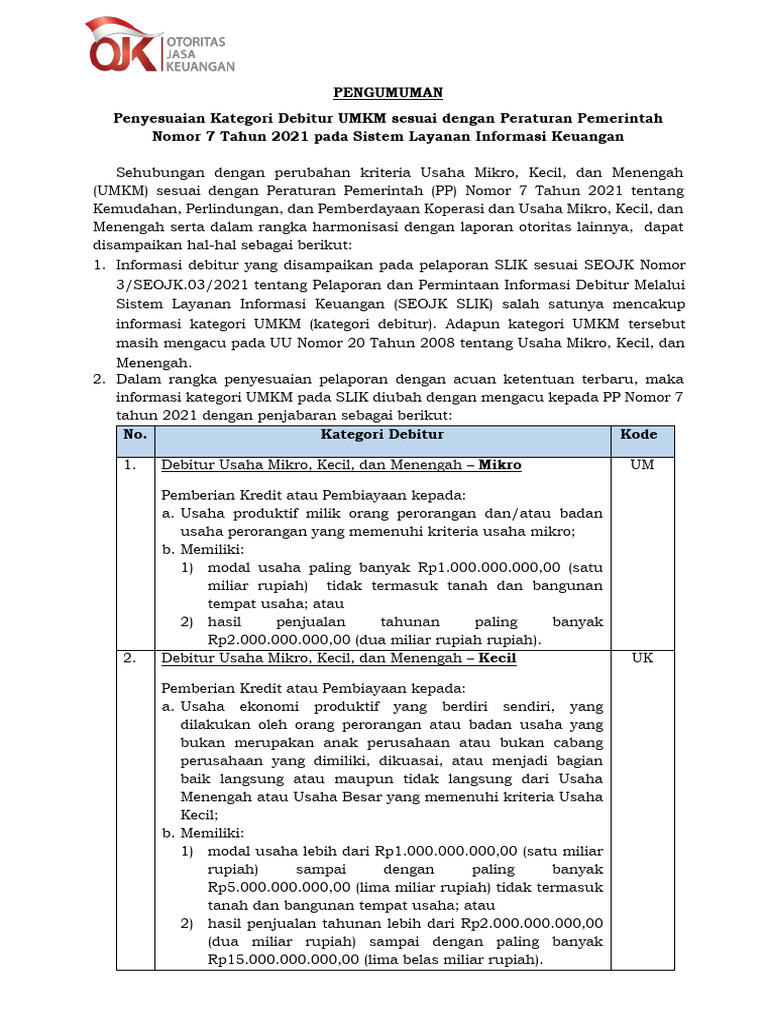 Pengumuman Penyesuaian Kategori Debitur Pada SLIK | PDF